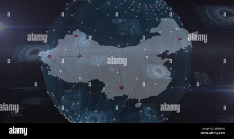 Image Of Globe Rotating Over Map Over Screens On Black Background Stock