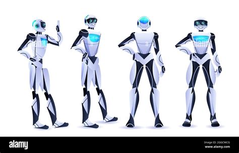 Set Robot Standing In Different Poses Modern Robotic Characters Artificial Intelligence