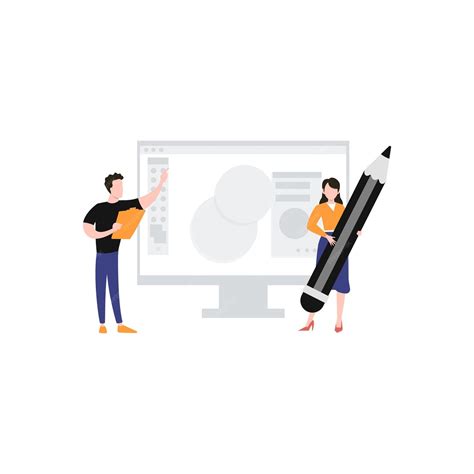 Premium Vector A Man And Woman Are Standing In Front Of A Computer Screen And A Pencil