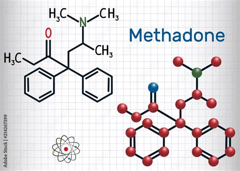 Methadone Molecule Structural Chemical Formula And Molecule Model Sheet Of Paper In A Cage