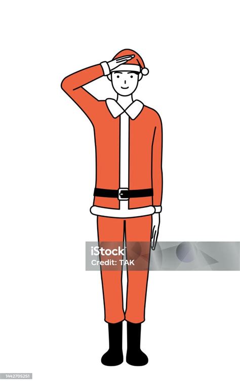 산타클로스 옷을 입은 남자가 경례를 하는 간단한 선 그리기 그림 12월에 대한 스톡 벡터 아트 및 기타 이미지 12월 겨울 경례 Istock