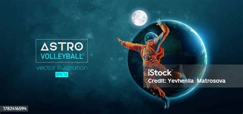 배구 선수 우주 비행사 우주 활동 지구 화성 행성 우주를 배경으로 한 추상적인 실루엣 배구 선수 우주 비행사가 공을 칩니다 벡터 3d 렌더링 그림 Championship에