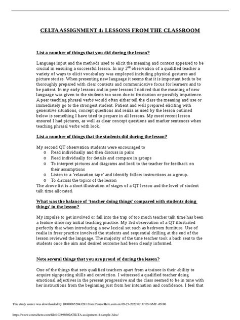 Celta Assignment 4 Sample 3 Pdf Teachers Lesson Plan