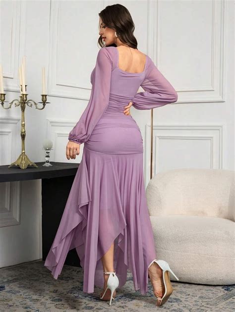 Shein Modely Vestito Lungo Casual Da Donna In Colore Unito Con Inserti In Rete E Plissettature