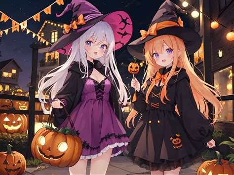 Two Anime Girls Dressed In Halloween Costumes Standing In Front Of A