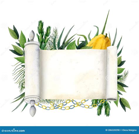 Sukkot Banner Tempate With Blank Torah Scroll And Symbols Watercolor