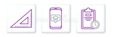 Set Line Exam Sheet With Clock Triangular Ruler And Graduation Cap On Screen Smartphone Icon