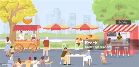 행복한 음식을 먹는 사람들과 함께하는 길거리 음식 축제 벡터 장면 전통 페스티벌에 대한 스톡 벡터 아트 및 기타 이미지 전통 페스티벌 길거리 음식 글로벌 비즈니스