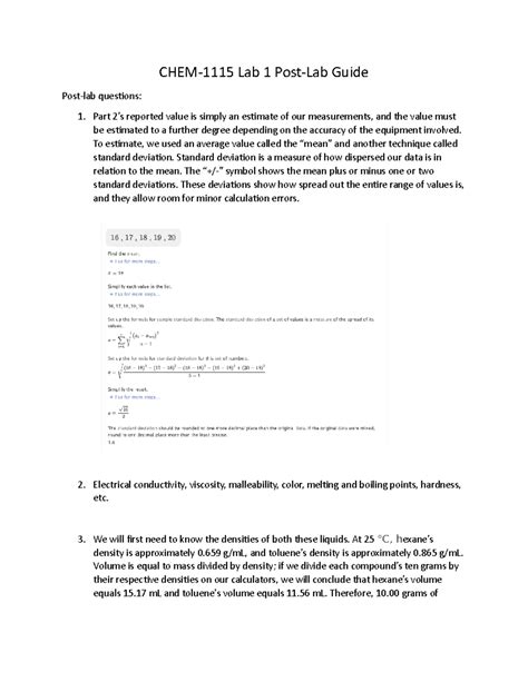 Chem Lab 1 Post Lab A General Review Guide Chem 1115 Lab 1 Post Lab