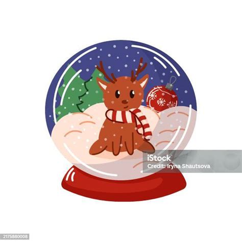 사슴 나무 공 와 만화 스타일 와 크리스마스 스노우 글로브 디자인 인사말 카드를 위한 눈송이가 있는 휴일 눈덩이 흰색 배경에 고립되어 있습니다 12월에 대한 스톡 벡터 아트