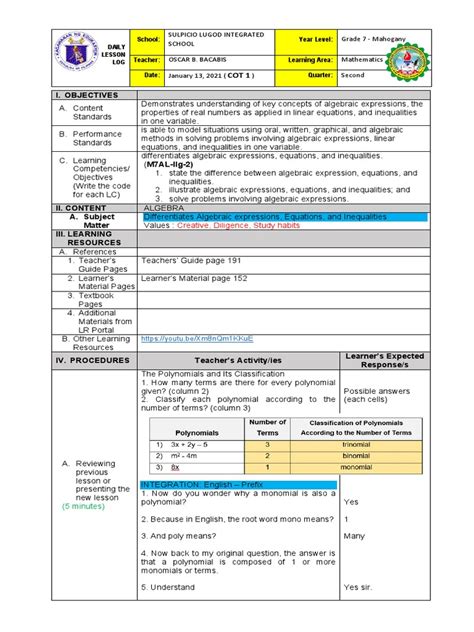 Grade 7 Algebra Lesson Plan Pdf Equations Variable Mathematics