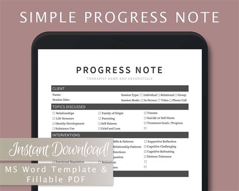 Simple Progress Note Template For Therapists Counselors Psychologists Social Workers