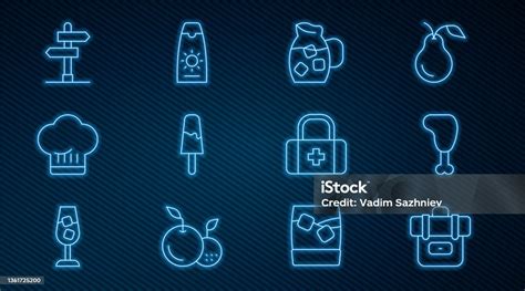 세트 라인 하이킹 배낭 치킨 다리 물과 주전자 유리 아이스크림 요리사 모자 도로 교통 표지판 응급 처치 키트 및 선스크린 튜브 아이콘 벡터 교통에 대한 스톡 벡터 아트 및