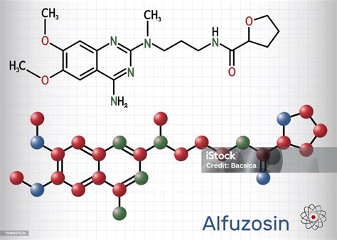 알푸조신 분자 그것은 항신플라스틱 제 항 고혈압제 알파adrenergic 길항제입니다 구조적 화학 적 포뮬러 및 분자 모델 케이지에 종이 시트 과다형성에 대한 스톡 벡터