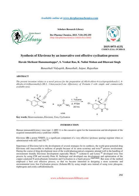 Pdf Synthesis Of Efavirenz By An Innovative Cost Effective Cyclisation Process