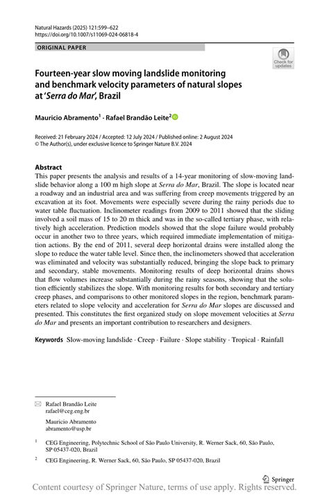 Fourteen Year Slow Moving Landslide Monitoring And Benchmark Velocity Parameters Of Natural