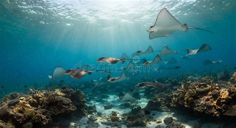 School Of Stingrays Swimming Underwater In Tropical Blue Ocean Waters