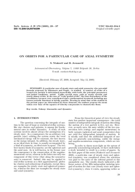 Pdf On Orbits For A Particular Case Of Axial Symmetry