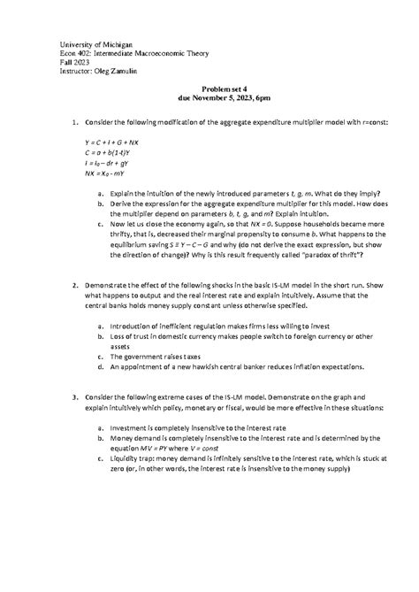 Problemset Econ Fall University Of Michigan Econ Intermediate Macroeconomic