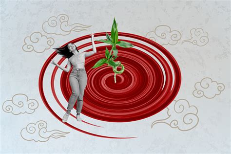 복합 이미지 몽타주 트렌드 아트웍 일본 문화 디자인의 3d 콜라주 장식 패턴 텍스처 대나무 식물 구름 젊은 숙녀 스탠드 25 29세에 대한 스톡 사진 및 기타 이미지