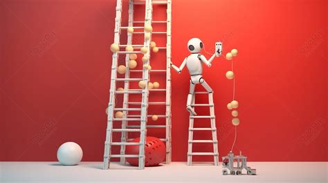 빨간색 사다리와 전구 배경을 사용하여 새로운 차원으로 확장하는 로봇의 선구적인 3d 개념을 살펴보세요 리와 배경 아이디어 배경 자동적 인 배경 이미지 Hd 리와