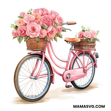 Bicycle With Pink Roses Watercolor Bike Flowers Bicycle Clipart Png