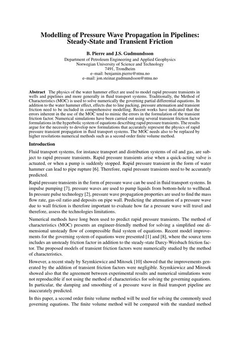 Pdf Modelling Of Pressure Wave Propagation In Pipelines Steady State And Transient Friction