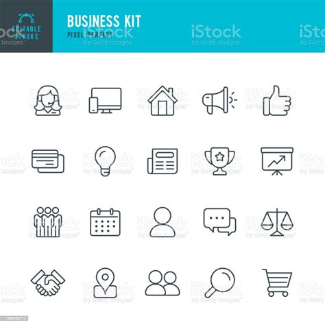비즈니스 Kit 얇은 선 벡터 아이콘 세트입니다 픽셀 완벽 편집 가능한 스트로크 이 세트에는 팀 상 지원 악수 메가폰 신용 카드 다이어그램 쇼핑 엄지 손가락 업의 아이콘이