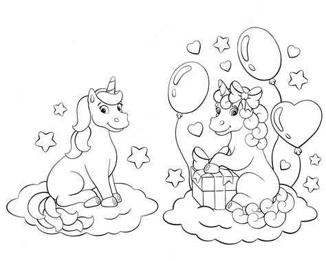 아이들을위한 색칠하기 책 페이지 귀여운 유니콘 만화 스타일 캐릭터 프리미엄 벡터