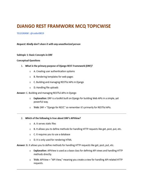 Final Django Rest Framwork Mcq Topicwise Pdf Cookie Access