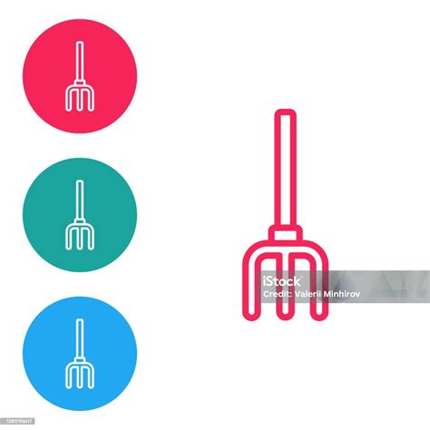 흰색 배경에 격리 된 레드 라인 정원 피치 포크 아이콘 정원 포크 표지판 원예 농업 농업을위한 도구 원 버튼에 아이콘을 설정합니다 벡터 가정 생활에 대한 스톡 벡터 아트 및