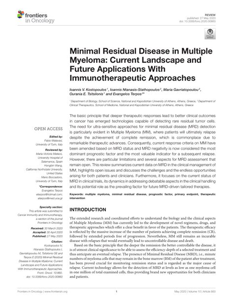 Pdf Minimal Residual Disease In Multiple Myeloma Current Landscape And Future Applications