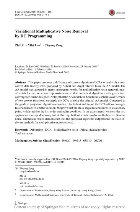 Variational Multiplicative Noise Removal By Dc Programming Request Pdf