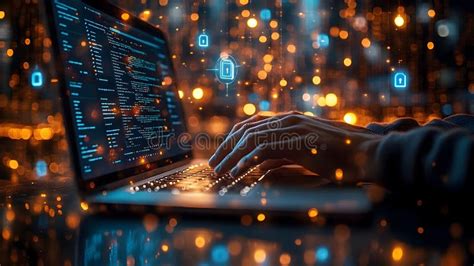 Hands Typing On A Laptop With Glowing Code And Cybersecurity Icons Symbolizing Hacking Data