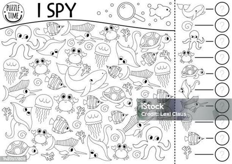 바다 밑에서 흑백 나는 아이들을 위한 스파이 게임 물고기 고래 문어 게 거북이 해파리로 라인 활동을 검색하고 계산합니다 해양 생물 인쇄 가능한 워크시트 간단한 물 색칠
