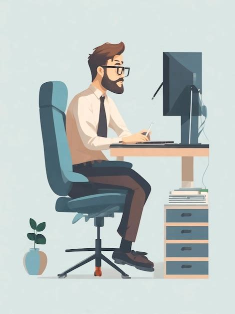 Premium Ai Image A Man Character Sitting On Office Working On Computer