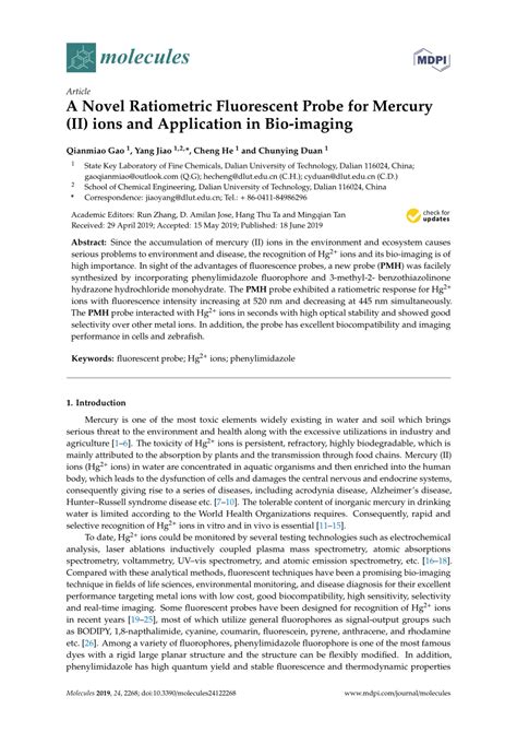 Pdf A Novel Ratiometric Fluorescent Probe For Mercury Ii Ions And Application In Bio Imaging