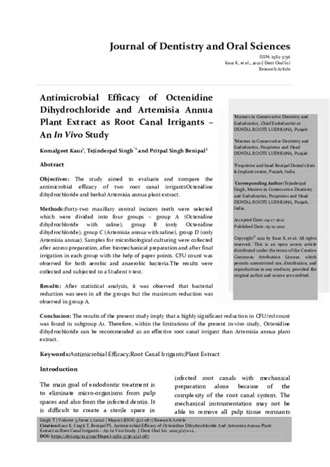 Pdf Antimicrobial Efficacy Of Octenidine Dihydrochloride And Artemisia Annua Plant Extract As