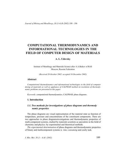 Pdf Computational Thermodynamics And Informational Technologies In