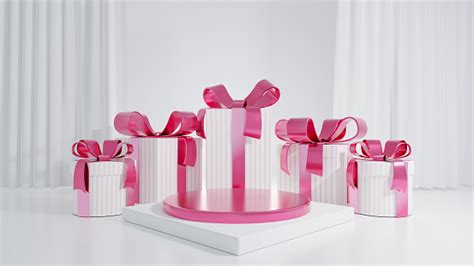 흰색 바닥과 흰색 커튼 배경에 분홍색 리본 리본이 달린 많은 선물 상자 3d 렌더링 이미지 3차원 형태에 대한 스톡 사진 및 기타 이미지 Istock