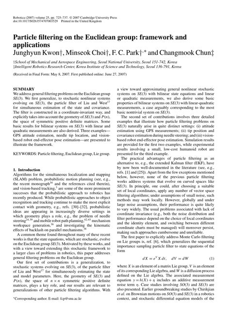 Pdf Particle Filtering On The Euclidean Group Framework And Applications