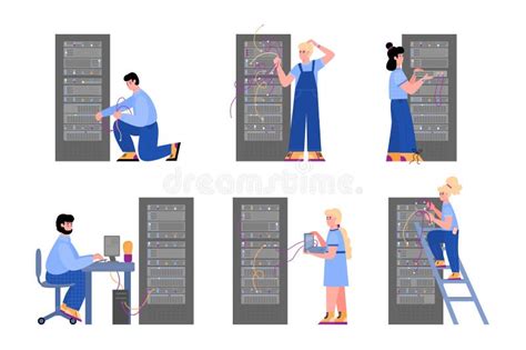 Data Center Servers And Staff Set Of Cartoon Vector Illustrations Isolated Stock Vector
