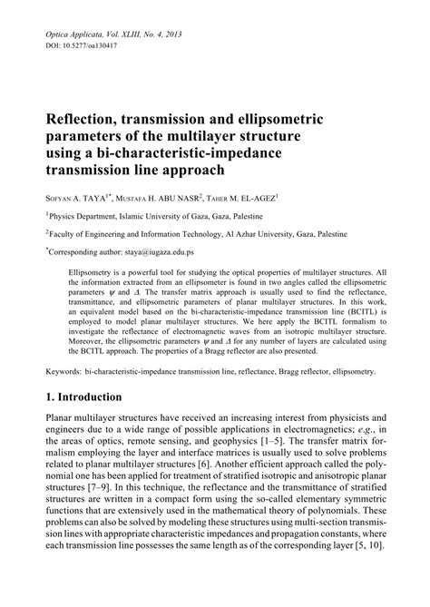 Pdf Reflection Transmission And Ellipsometric Parameters Of The Multilayer Structure Using A