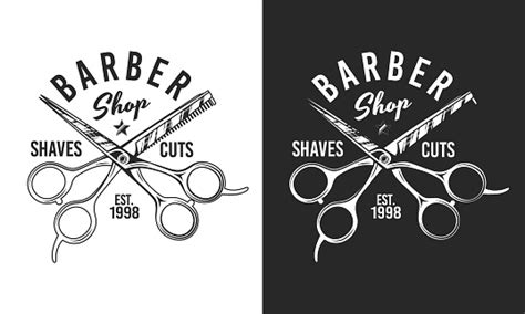 이발소가 위 벡터 로고입니다 흑백 레트로 프린트 이발소 헤어 스타일 살롱 타이포 그래피에 대 한 로고 템플릿입니다 빈티지 디자인입니다 벡터 일러스트입니다 0명에 대한 스톡