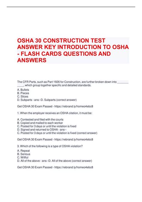 Osha 30 Construction Test Answer Key Introduction To Osha Flash Cards Questions And Answers