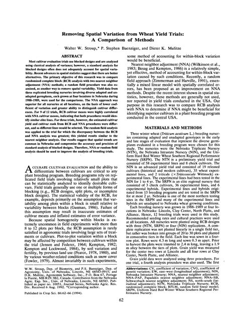 PDF Removing Spatial Variation From Wheat Yield Trials A Comparison Of Methods