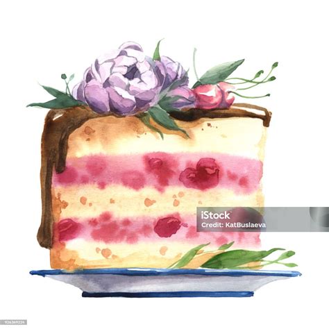 수채화 그림입니다 꽃과 파란 접시에 체리와 초콜릿 퍼프 케이크는 흰색 바탕에 격리 합니다 파란색 테두리가 있는 접시에 비스킷 케이크의 조각 수채화에 대한 스톡 벡터 아트 및