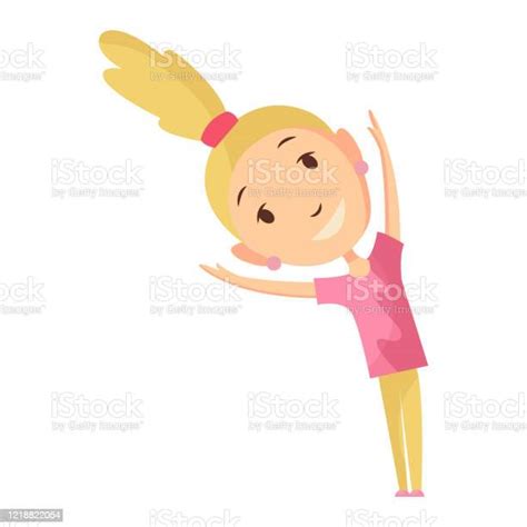 피트니스 스포츠 여자 포즈와 체조 연습을 재미있는 만화 다채로운 캐릭터 어린이를위한 귀여운 체조와 건강한 라이프 스타일 스포츠