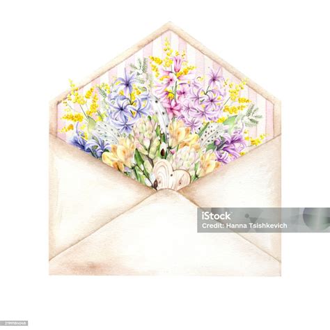 빈티지 봉투와 히아신스와 미모사의 꽃다발의 수채화 그림 흰색 배경에 수채화 그림입니다 봄과 부활절에 어울리는 섬세한 파스텔 색상의 디자인으로 그려진 바구니와 숟가락 0명에