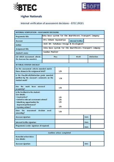 Btec Hnd Unit 04 Database Design Development Summative Feedback Form